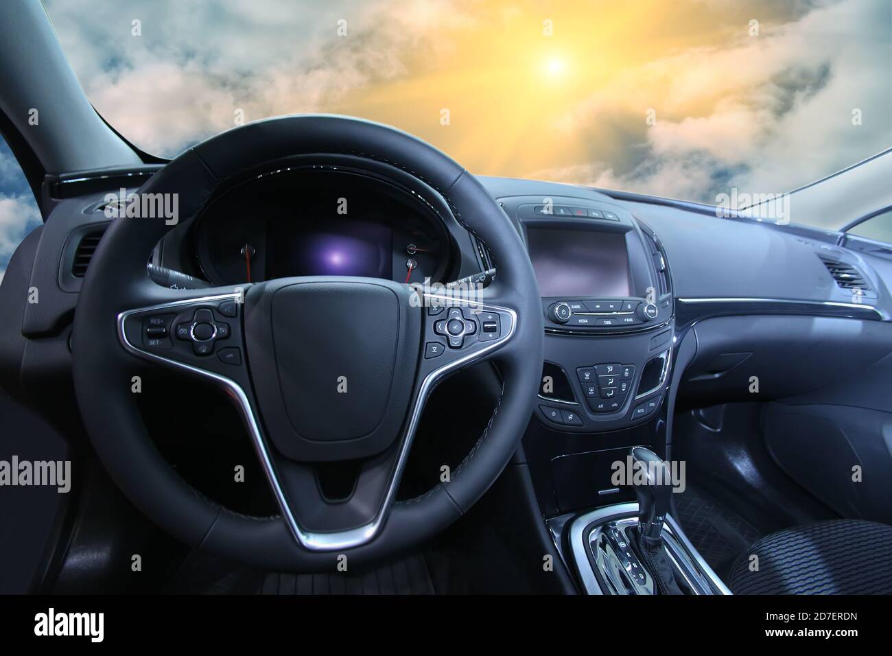 beautiful cloudy sunny sky through the windshield of the car Stock ...