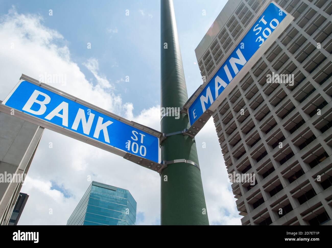 Close view of Bank and Main Street signs on a lamppost in Norfolk ...