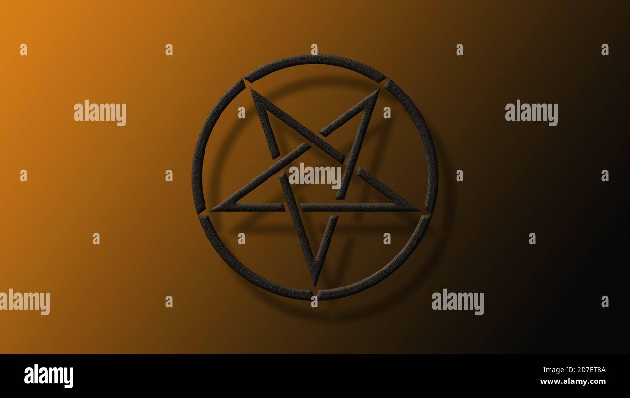 An inverted pentagram in a circle. Magic symbol. Orange background. 3D ...