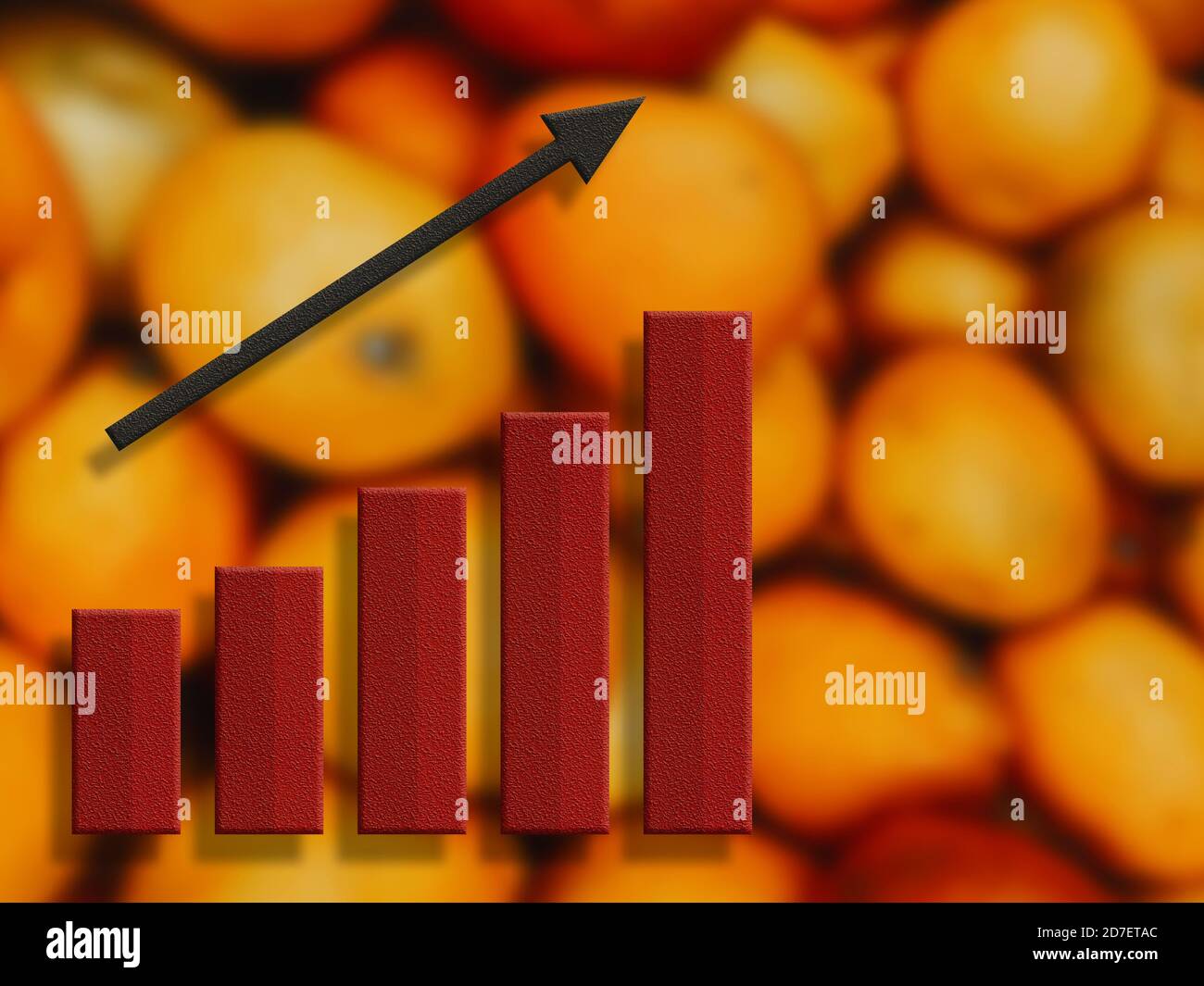 Growing bar graph with arrow. Oranges on a blurred background. 3D ...