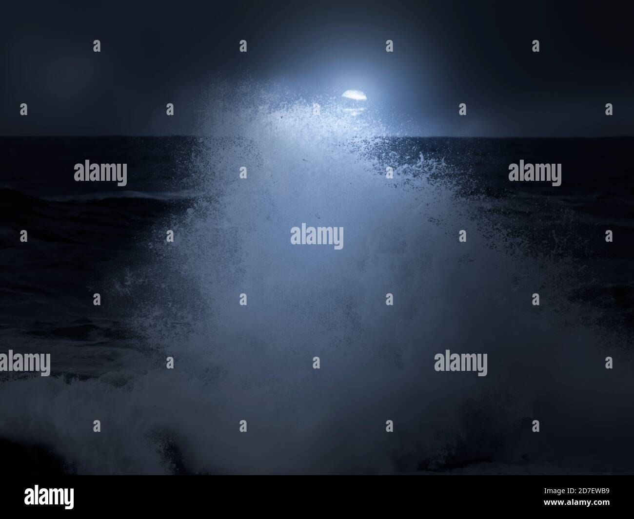 Big wave splash in a cloudy full moon night Stock Photo - Alamy