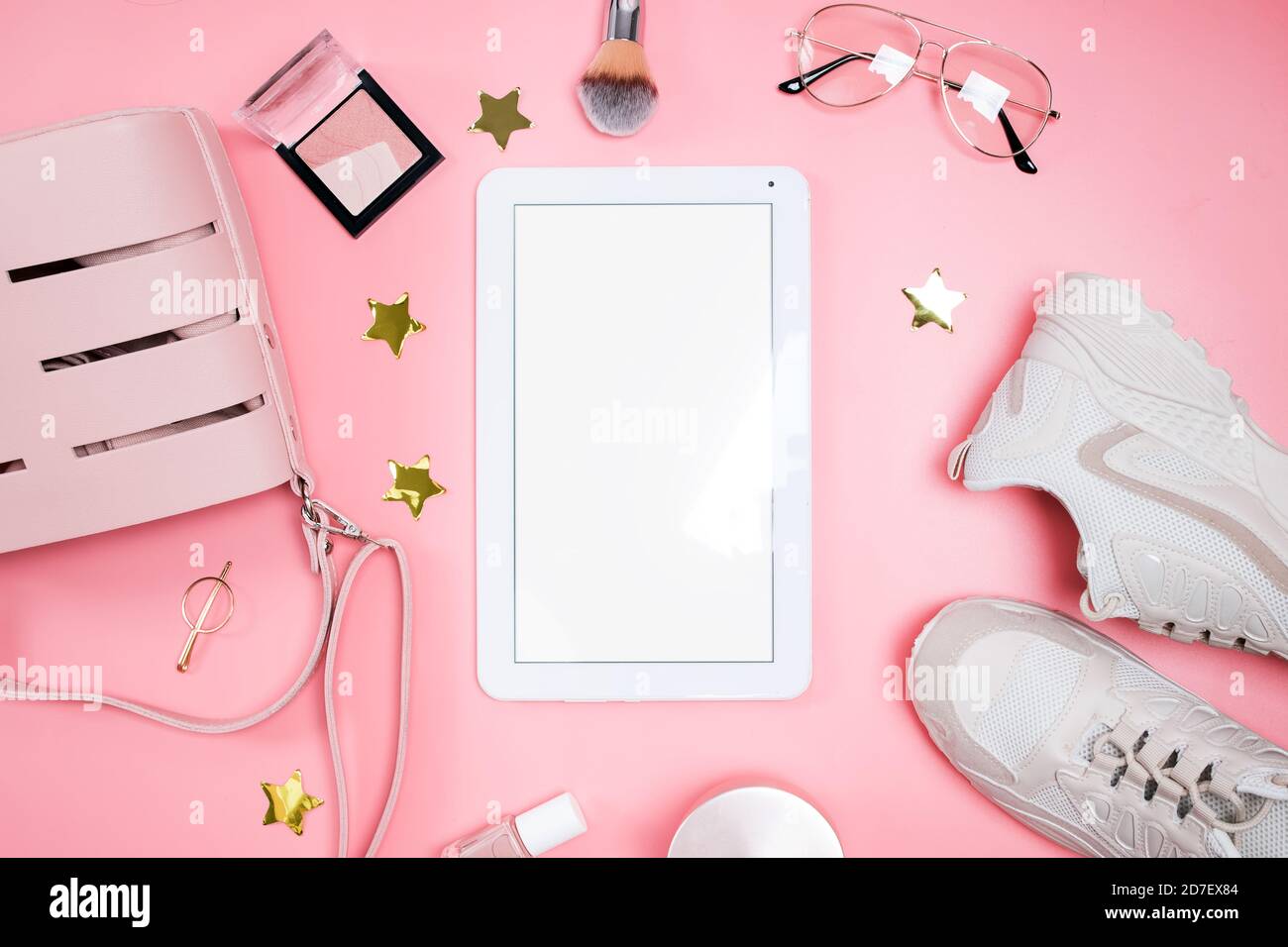 Fashion flat lay on pink background Stock Photo - Alamy