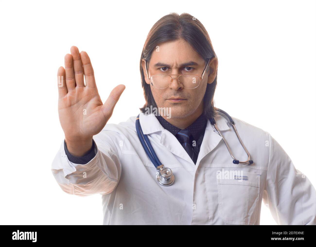 Male doctor with stop gesture. Isolated on white Stock Photo - Alamy