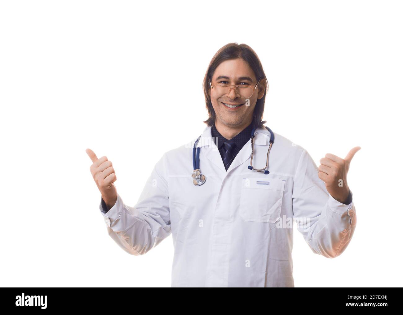 Happy smiling doctor smiling isolated over white background keeps ...