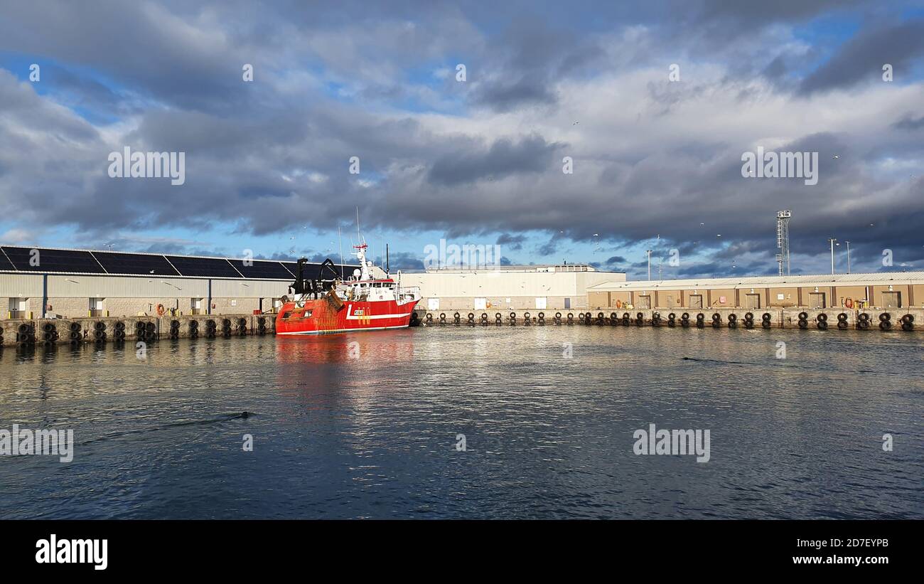 Red fishing boat at Peterhead fish market Stock Photo - Alamy