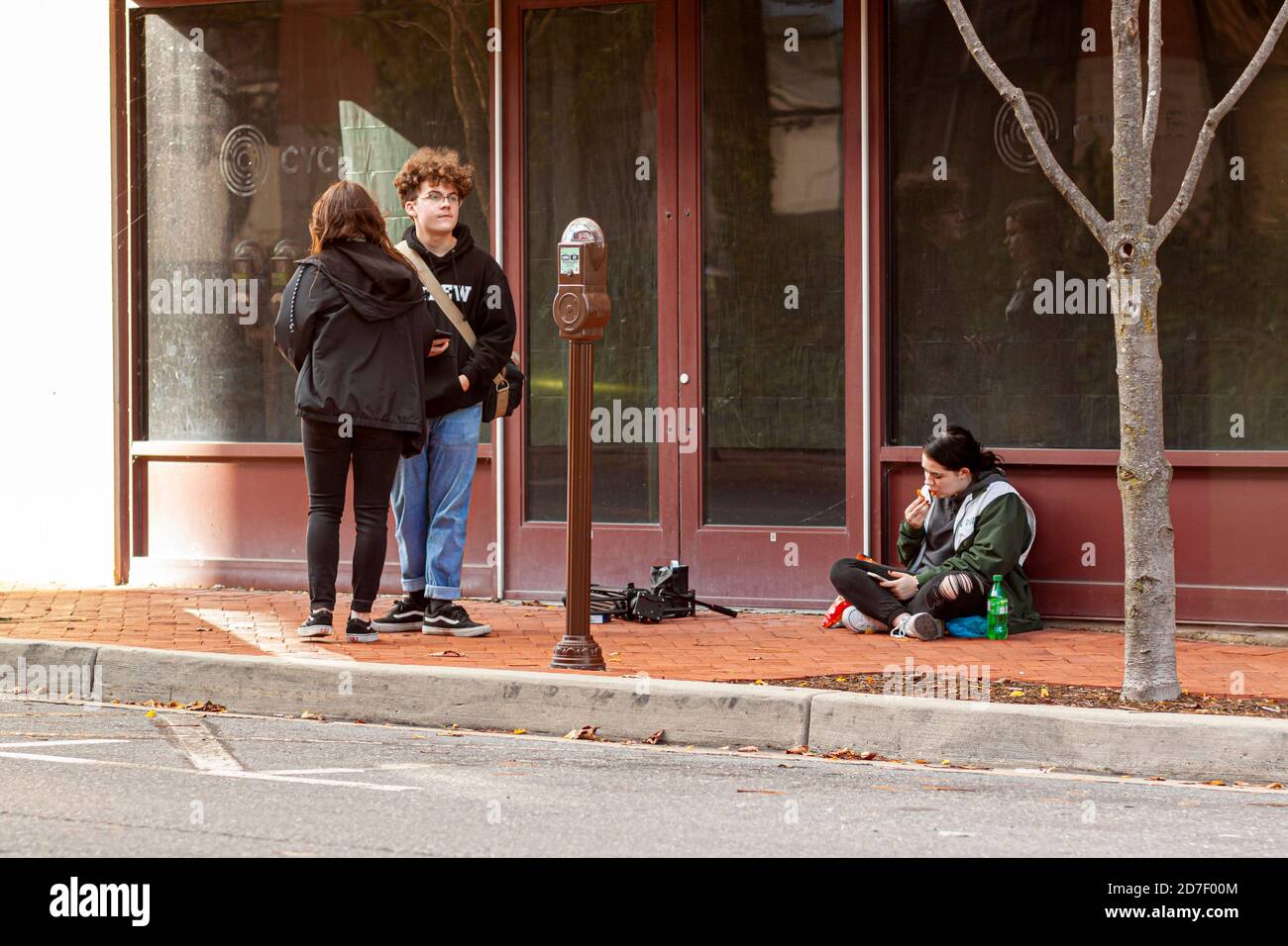 Frederick, MD, USA 10/13/2020: an urban location with a homeless girl ...