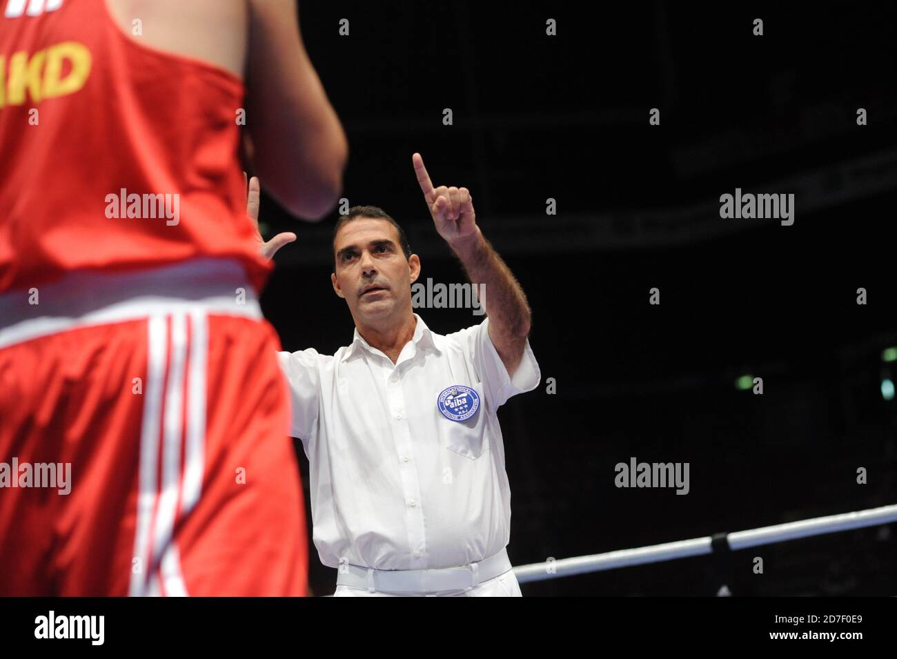 Referee and boxers during an amateur boxe match during the AIBA World ...