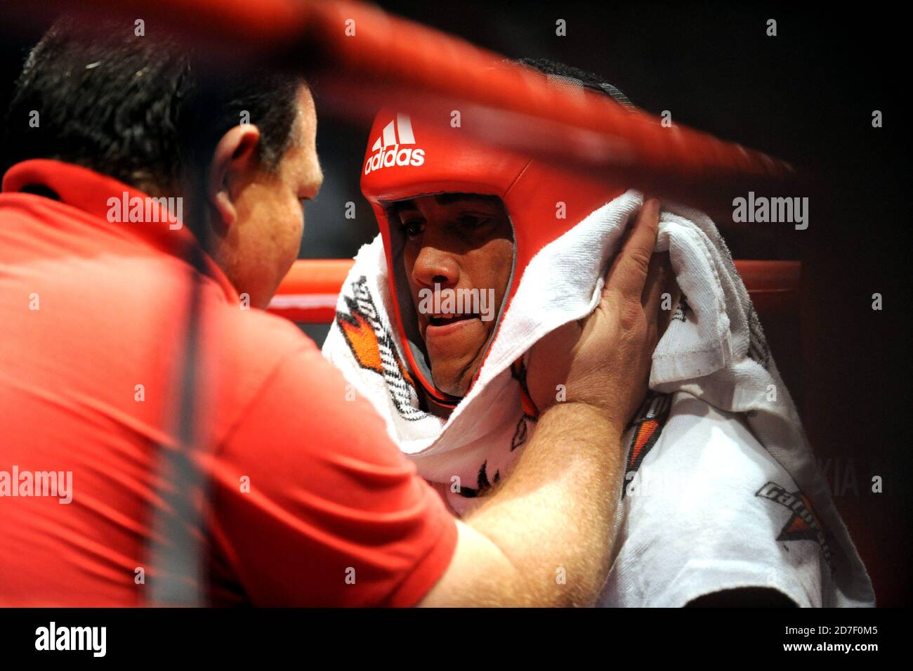 Boxer and coach at the corner ring, duirng an amateur boxing match ...