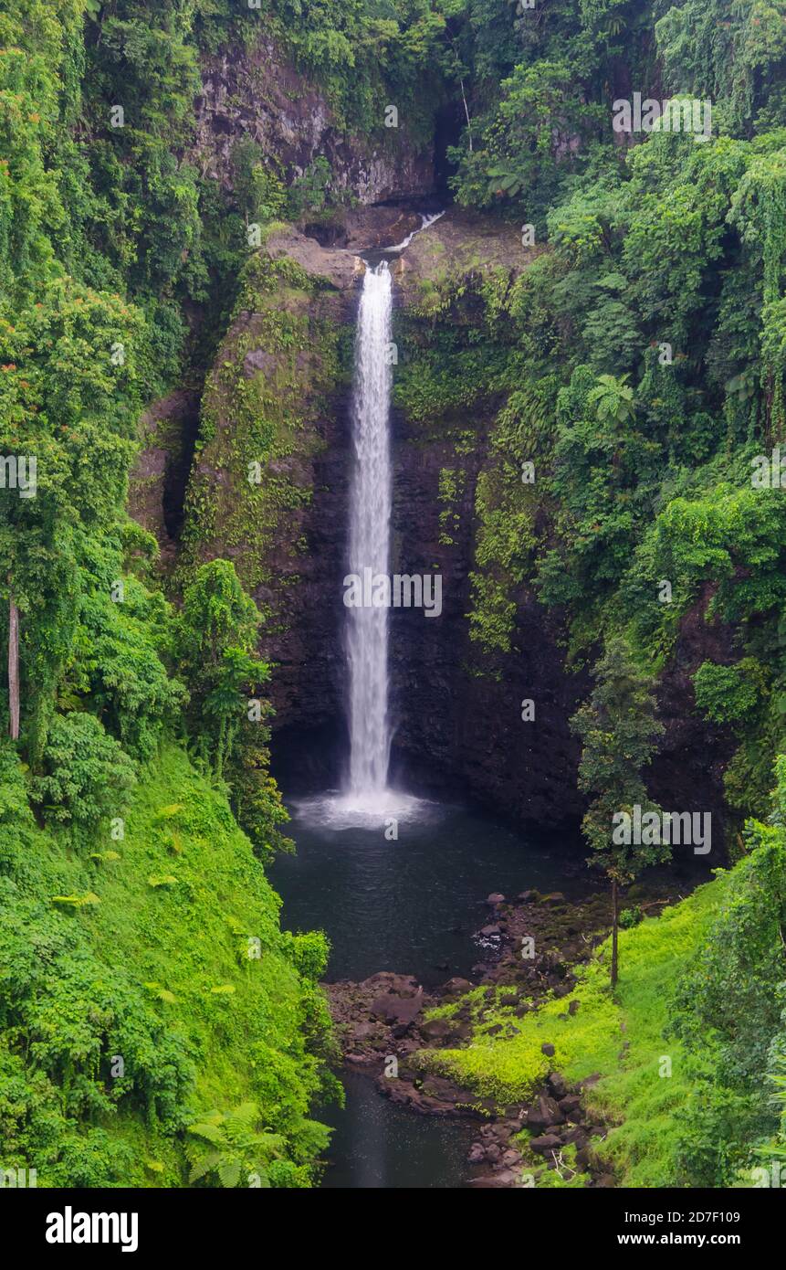Vertical shot of the Sopo'aga Waterfall surrounded by greenery in the ...