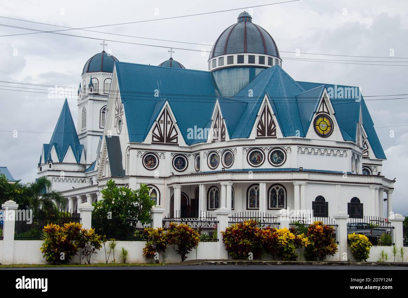 Immaculate Conception Cathedral surrounded by plants under a cloudy sky ...