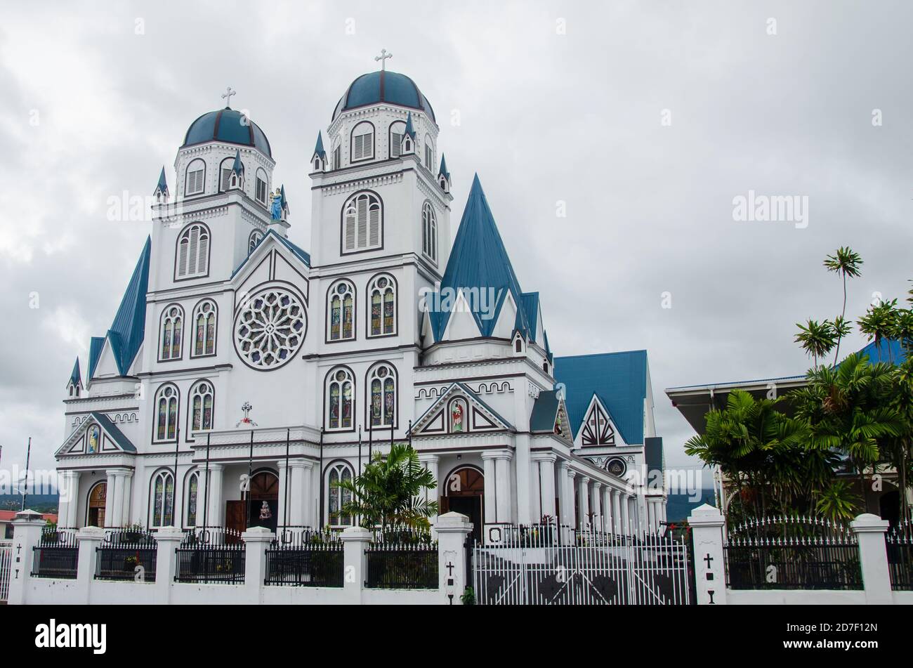 Immaculate Conception Cathedral surrounded by plants under a cloudy sky ...