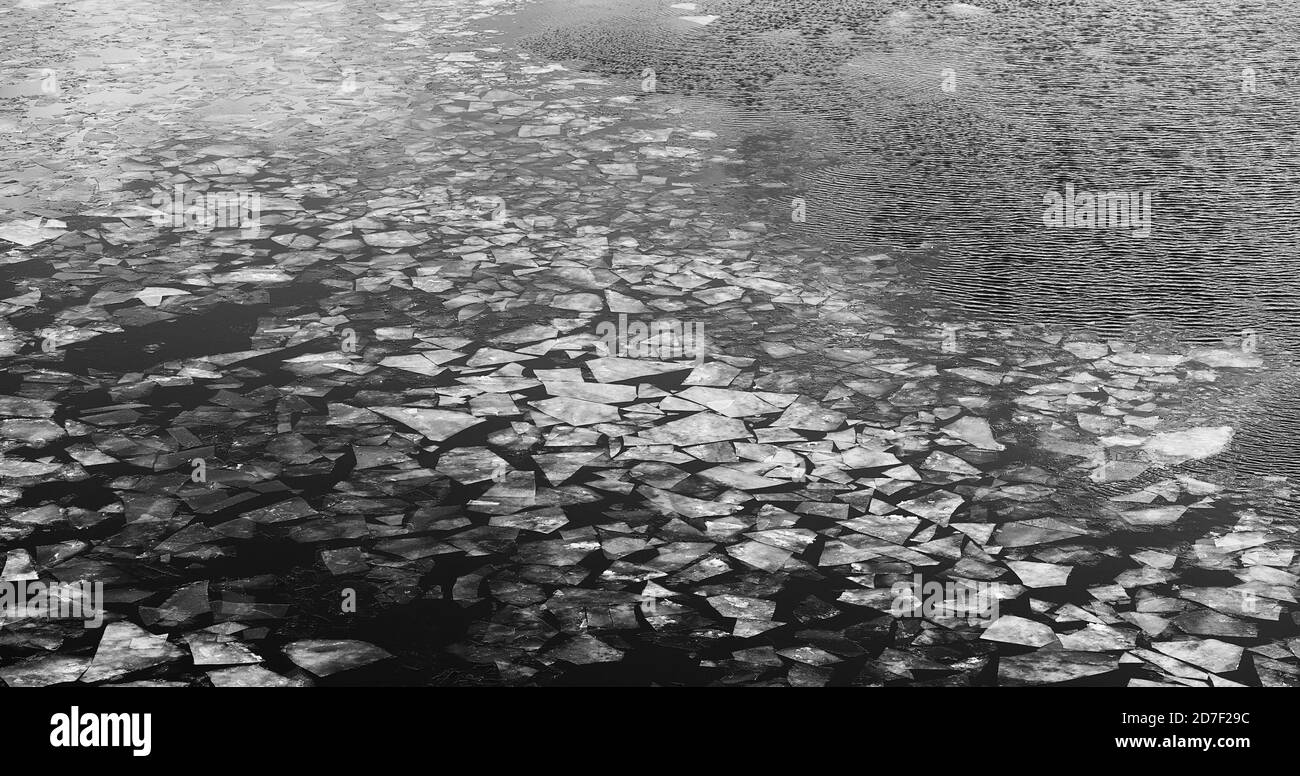 Drifting on the river. Fragments of ice float on the river Stock Photo ...