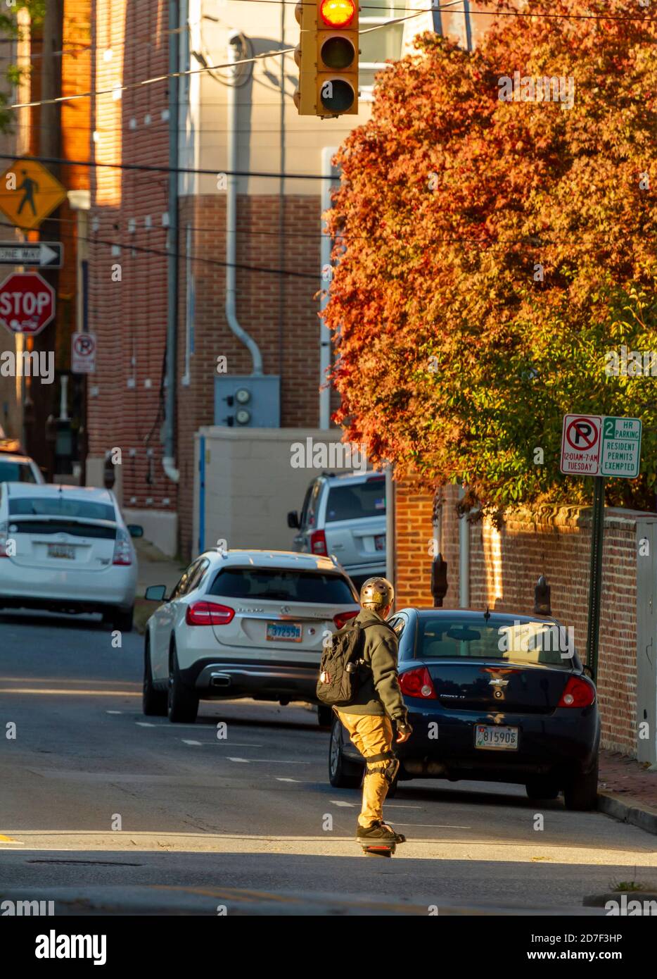 Frederick, MD, USA 10/13/2020: An autumn view of a street in historic ...