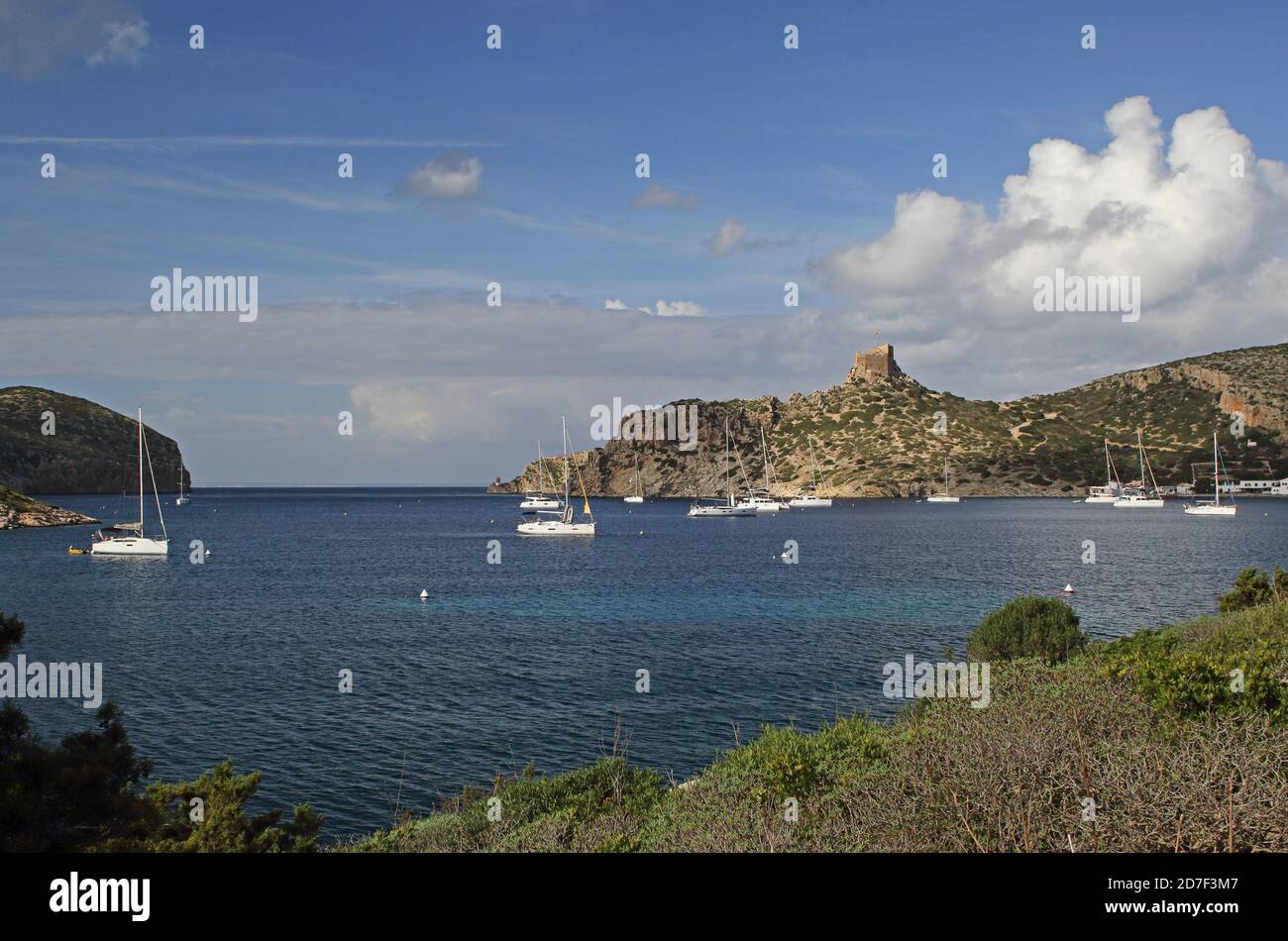 view over harbour to castle Cabrera Island, Mallorca, Balearic Islands ...