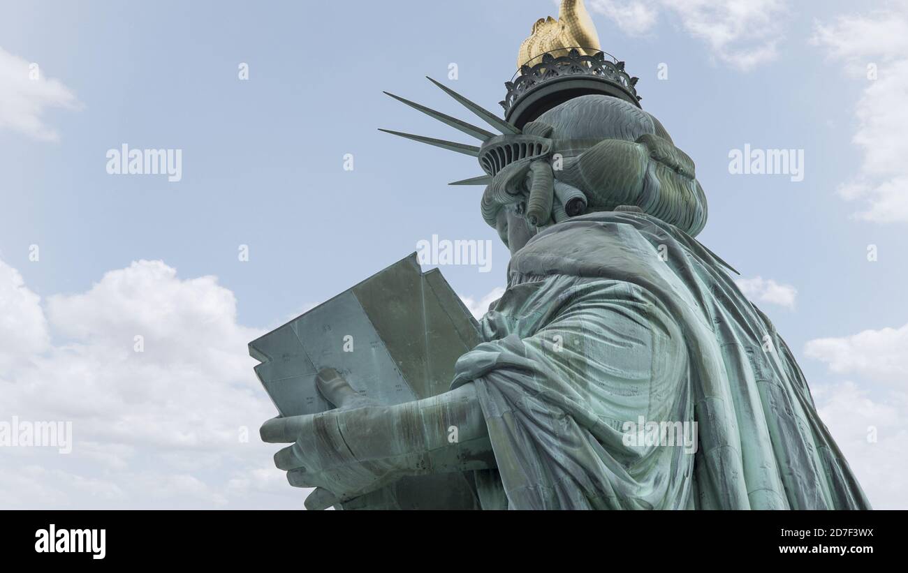 Dramatic close up view of the back of the Statue of Liberty in New York ...