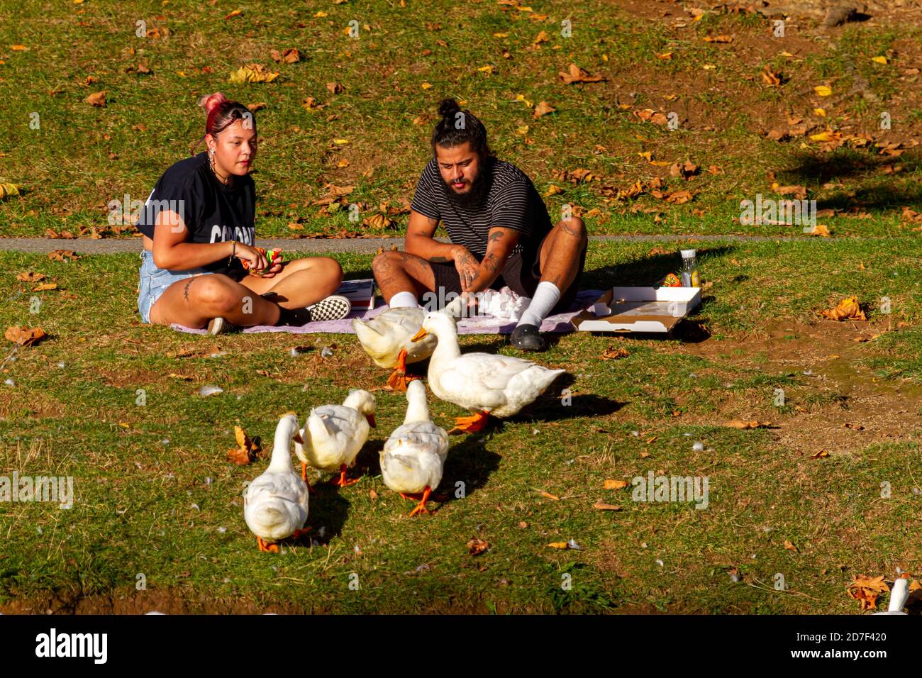 Frederick, MD, USA 10/14/2020: A young couple in summer clothes are ...