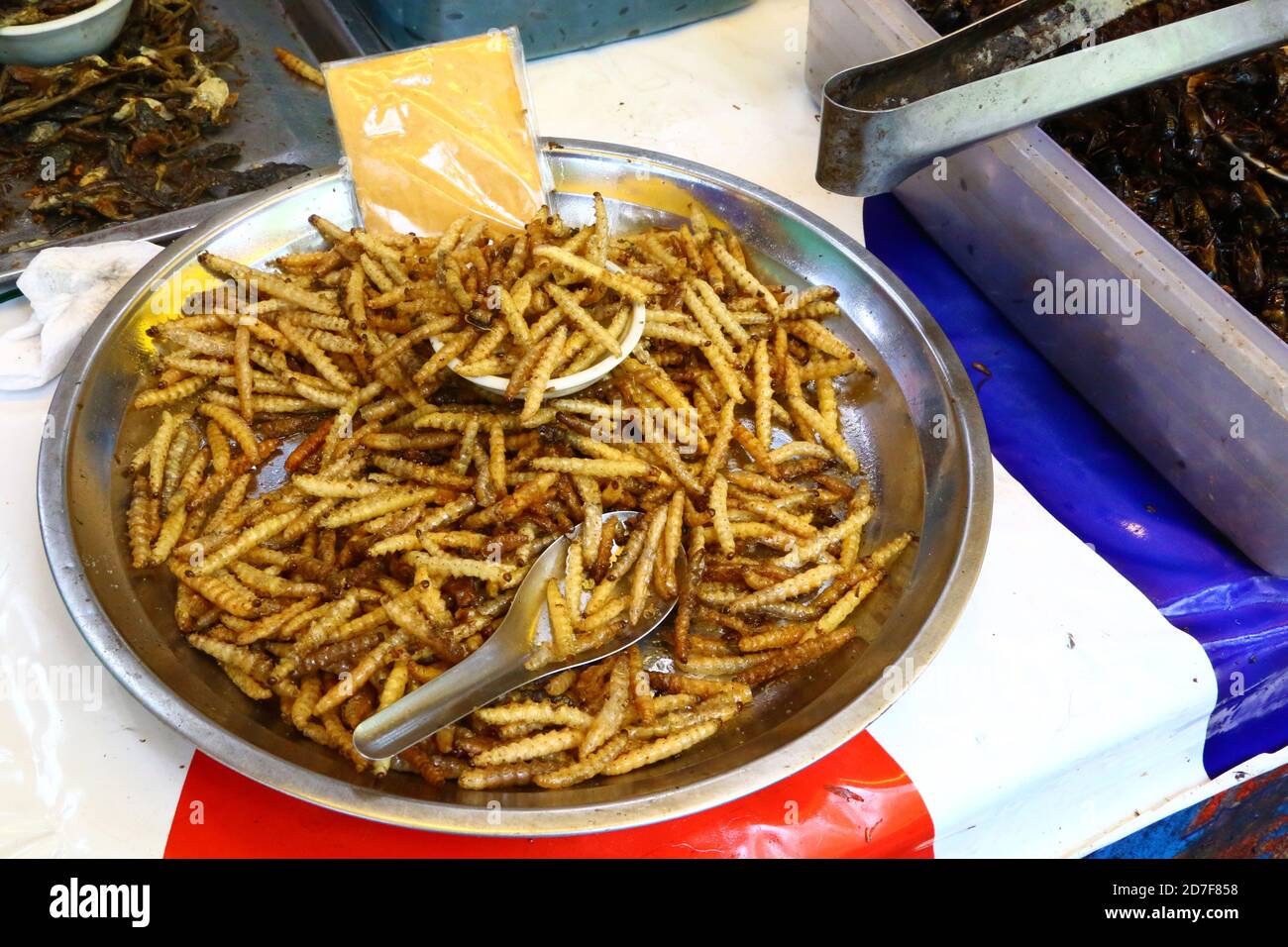 Fried larvae in Thailand. A disg of deep fried larvae on sale from a ...