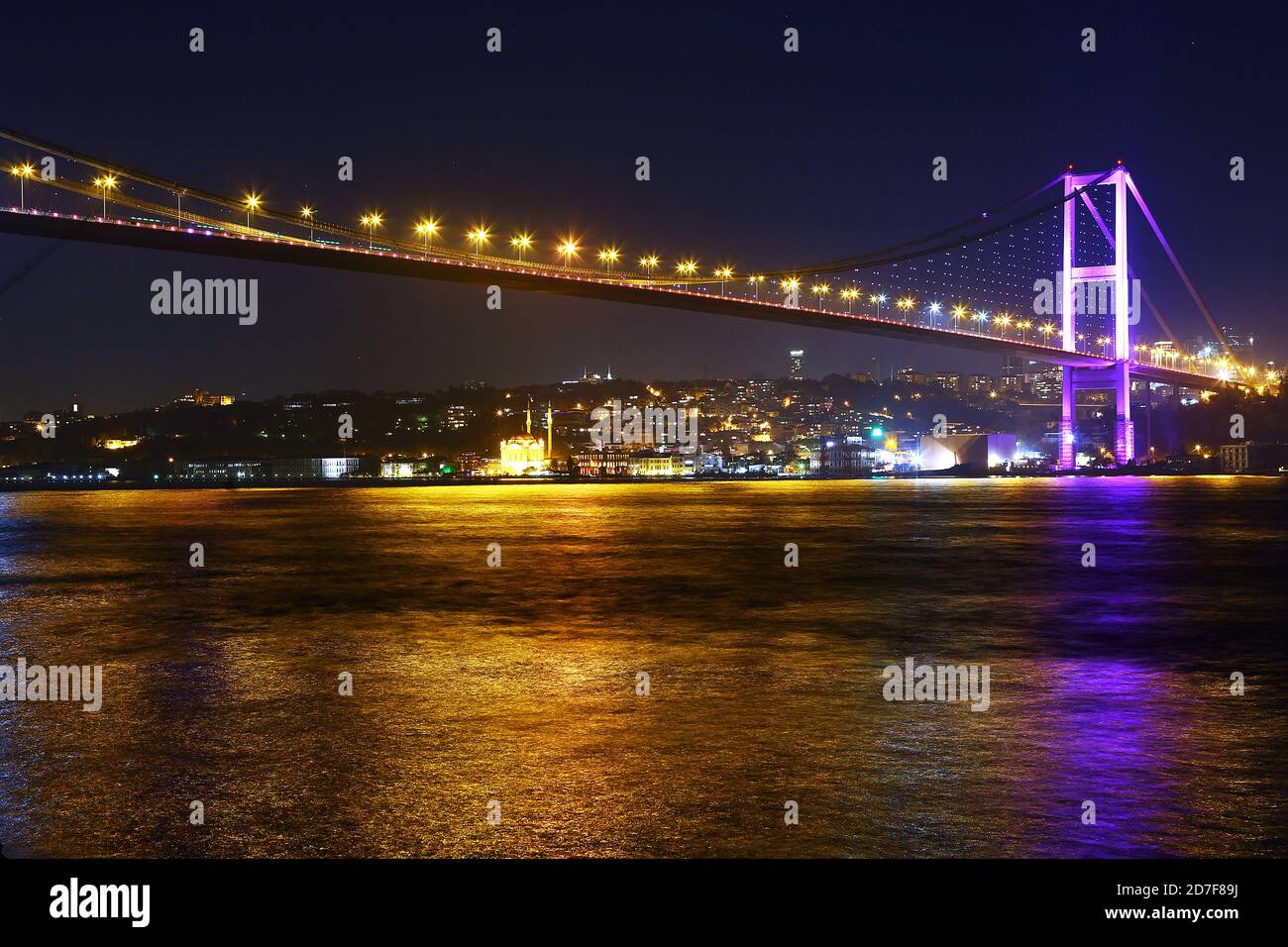 View of Bosphorus Bridge by night time in Istanbul, Turkey Stock Photo ...