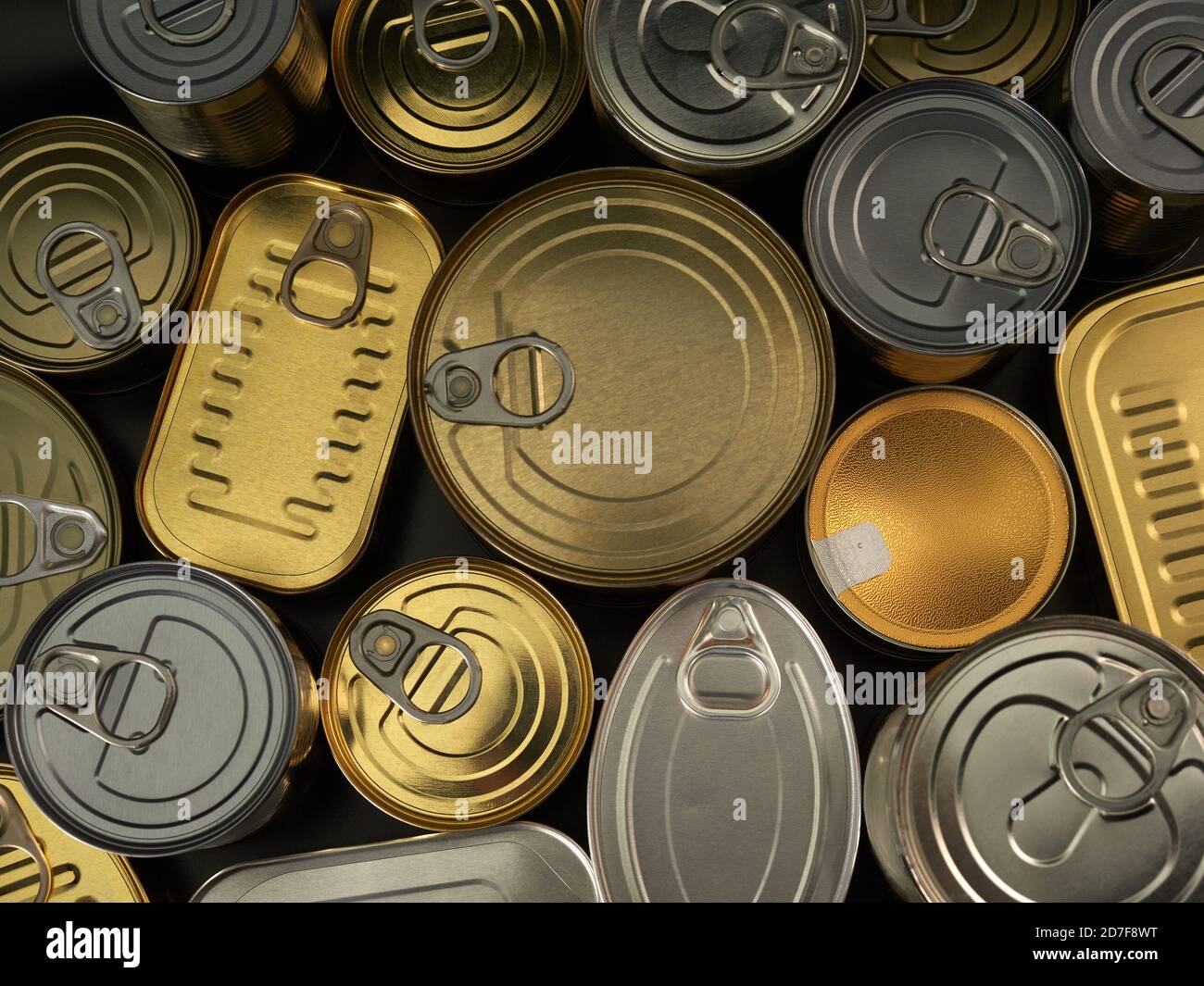 Different types of cans with prepared foods for consumption, vegetables ...
