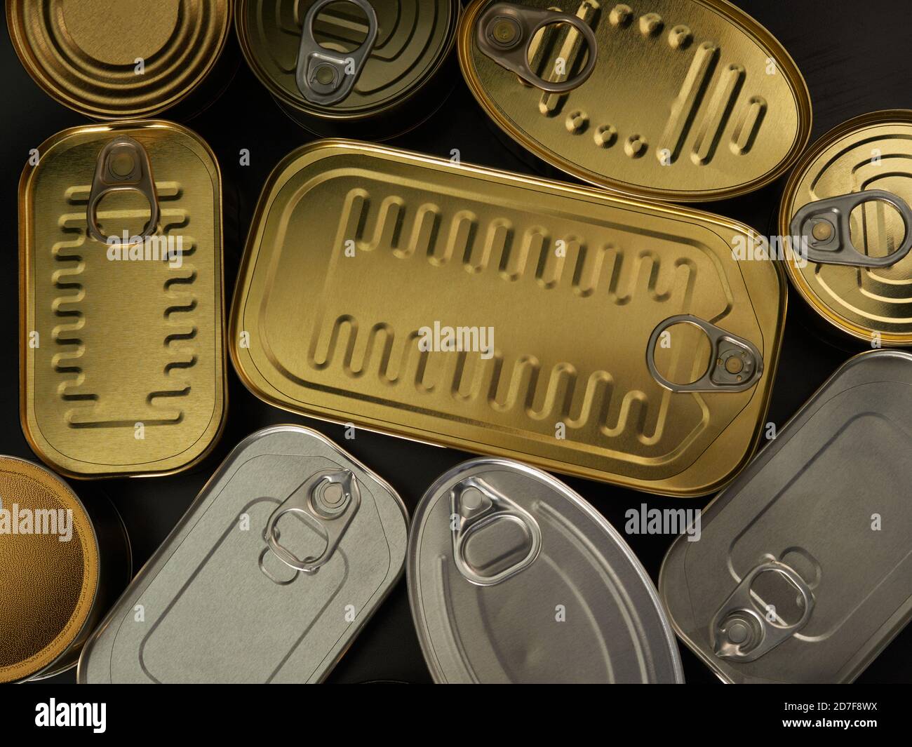 Different types of cans with prepared foods for consumption, vegetables ...