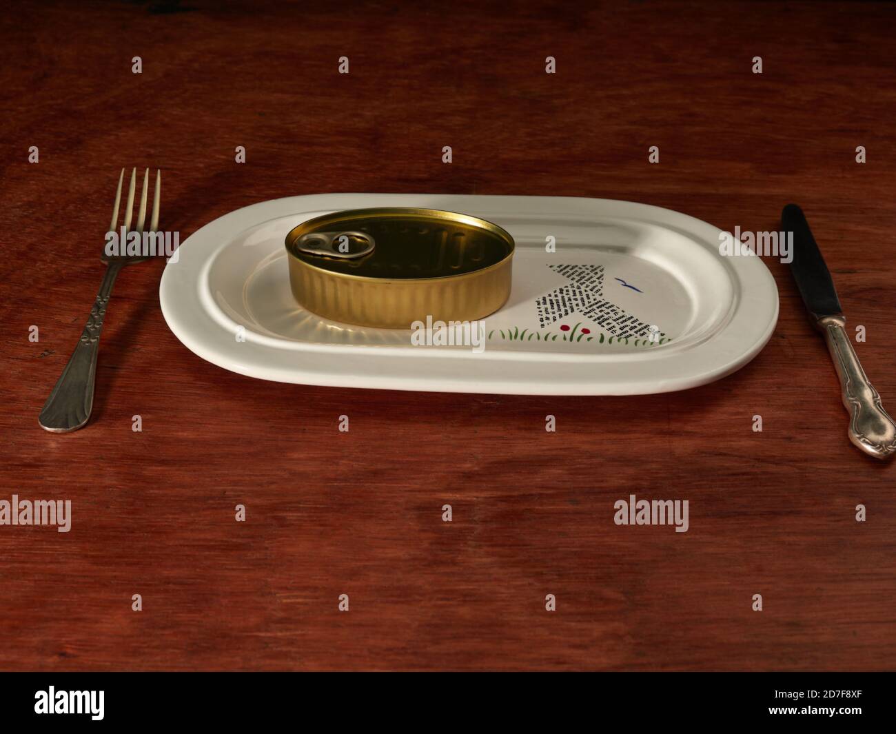 Different types of cans with prepared foods for consumption, vegetables ...