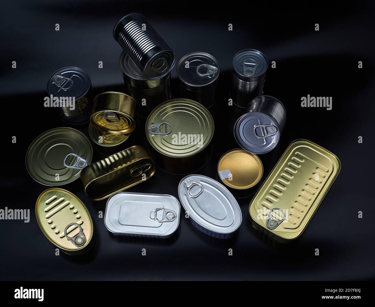 Different types of cans with prepared foods for consumption, vegetables ...