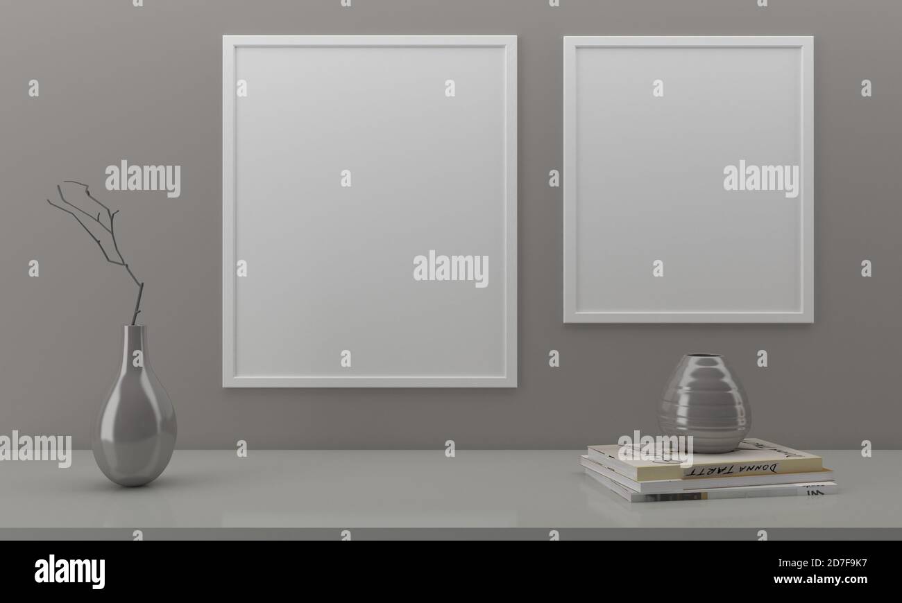 3D rendering of frames mounted on the wall with countertops and ...
