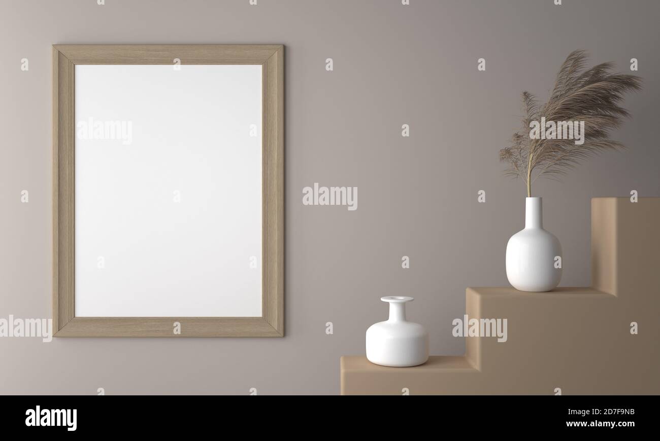 3d render of a blank frame by the shelves with decorative vases Stock ...