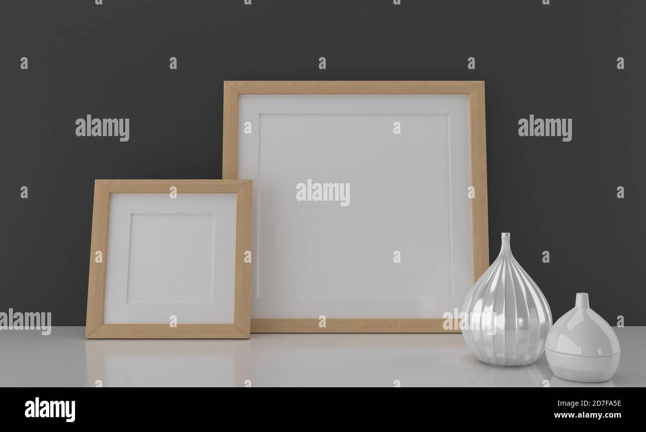 3d render of two blank frames and decorative vases Stock Photo - Alamy