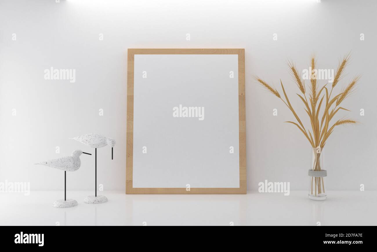 3d render of a blank frame on a shelf with decoratives and a vase Stock ...