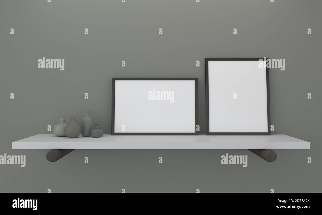 3d render of blank frames on a shelf with decorative Stock Photo - Alamy
