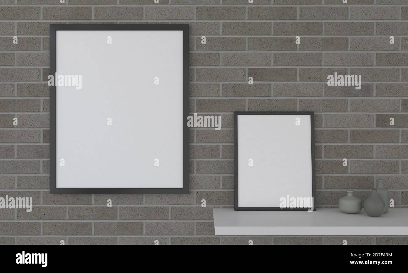 3d render of blank frames with a shelf with decorative Stock Photo - Alamy
