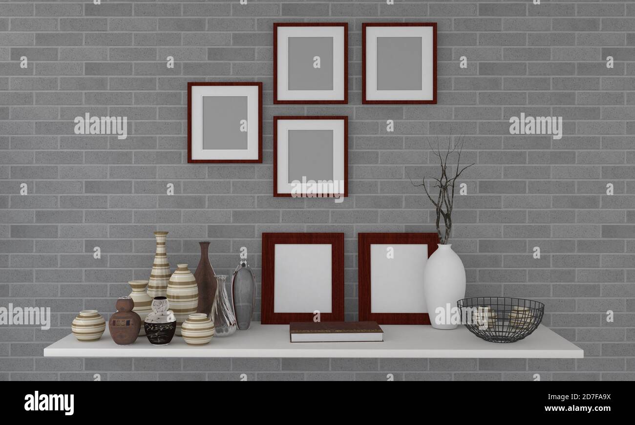 3d render of blank frames with a shelf with decoratives Stock Photo - Alamy