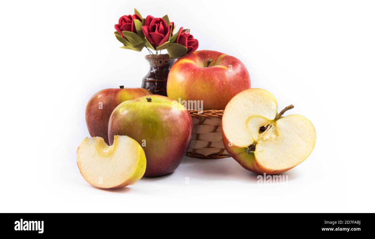 Still life of many red apples and vase decorative flowers, illustration ...