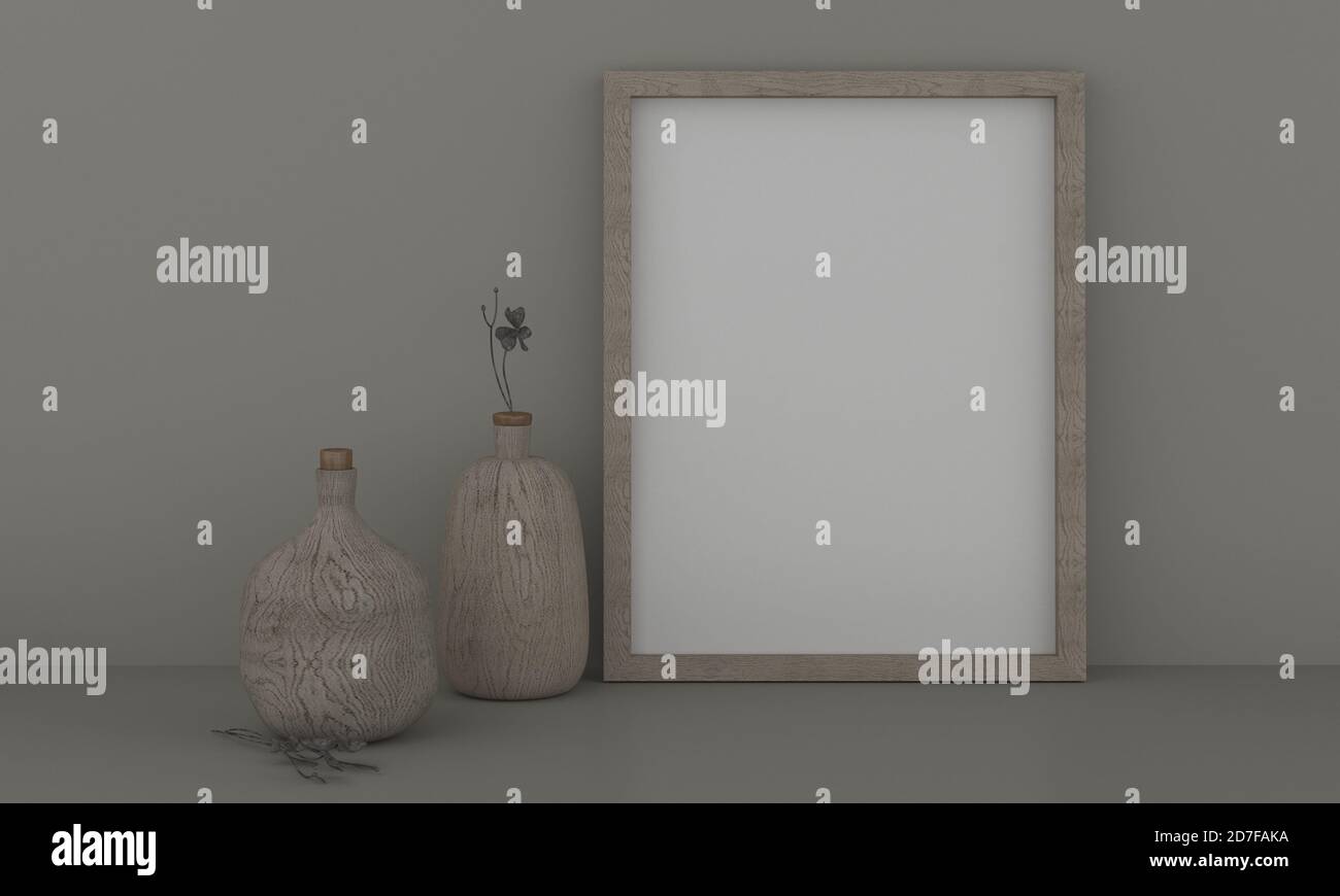 3d render of a blank frame on a shelf with decorative vases Stock Photo ...