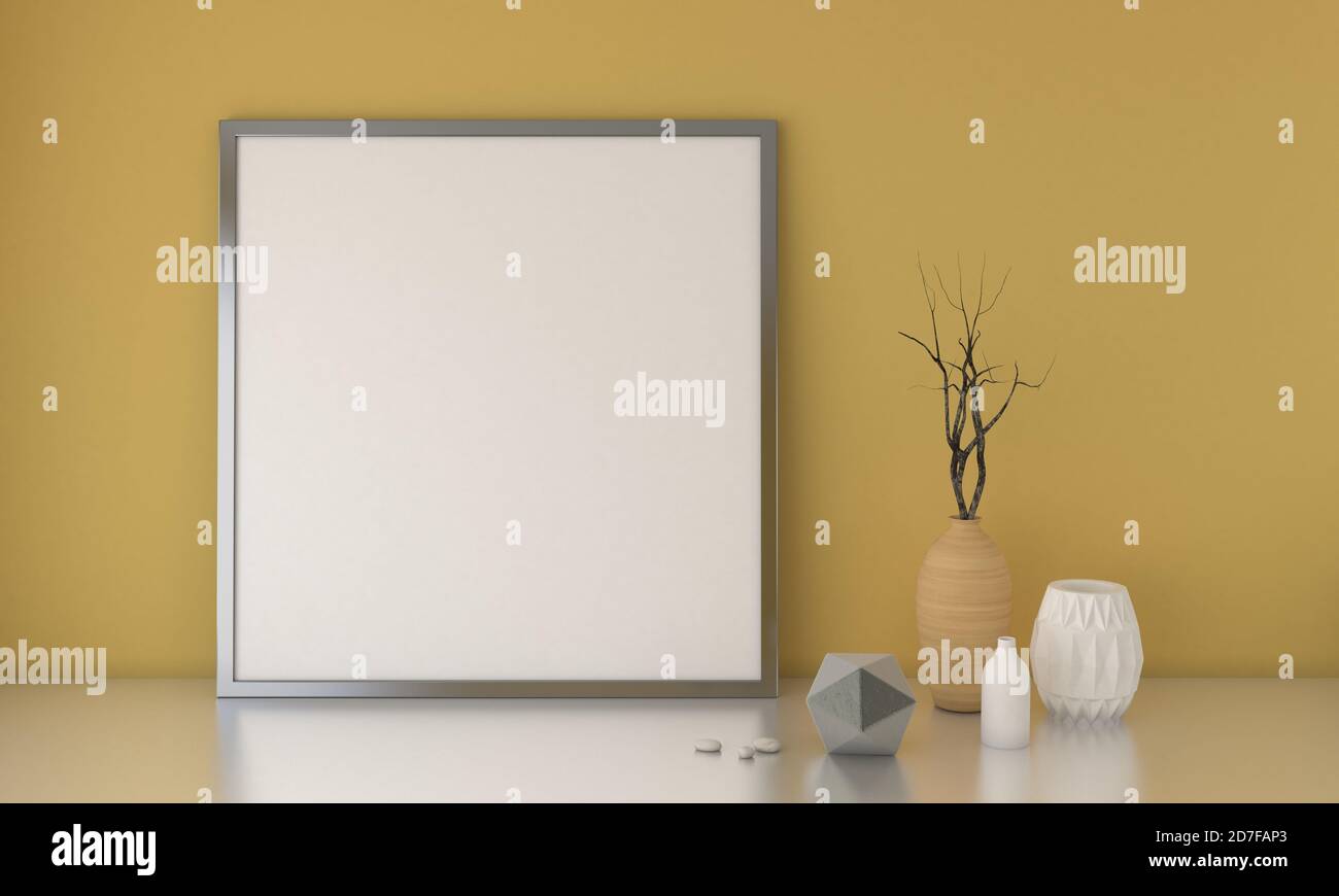3d render of a blank frame on a shelf with decoratives Stock Photo - Alamy