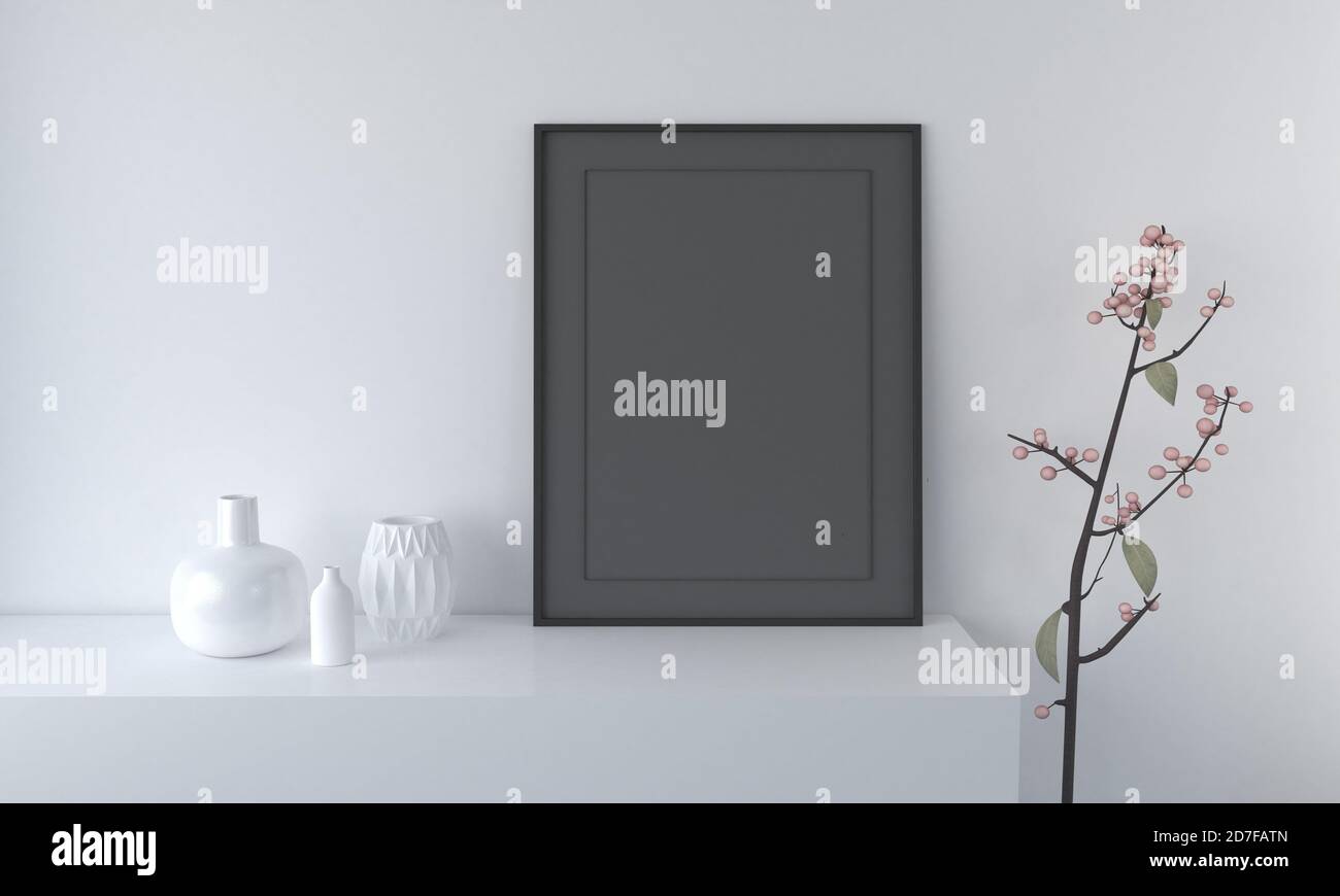 3d render of a blank frame on a shelf with decoratives Stock Photo - Alamy