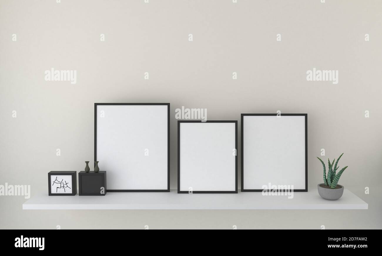 3d render of blank frames on a shelf with decoratives Stock Photo - Alamy