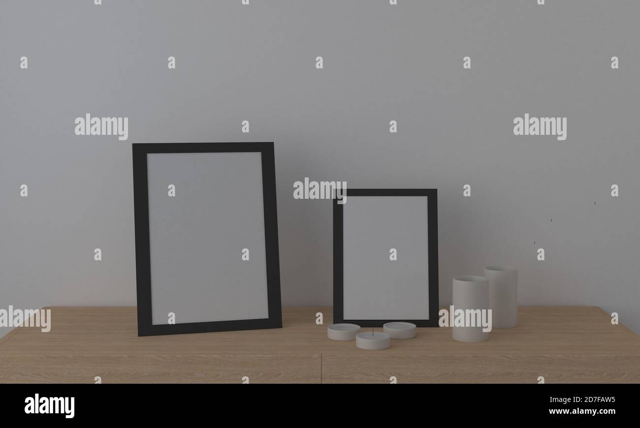 3d render of blank frames on a shelf with decoratives Stock Photo - Alamy