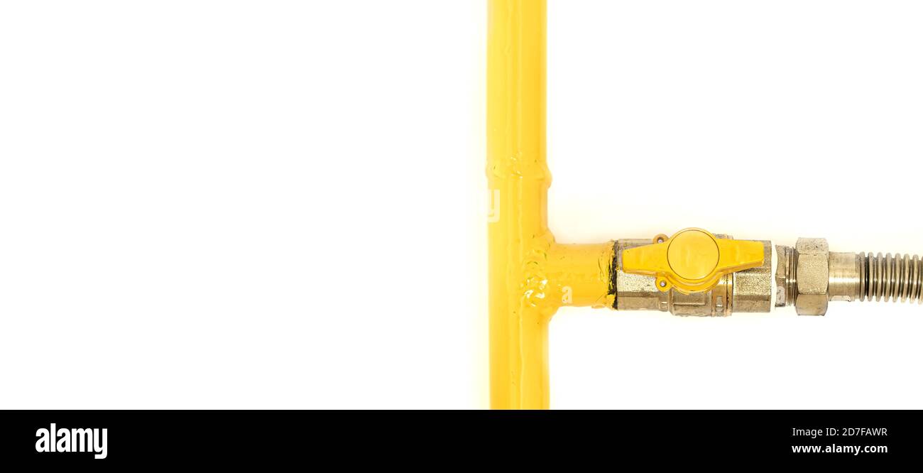 Yellow gas pipe with a valve. White background. Space for text Stock ...