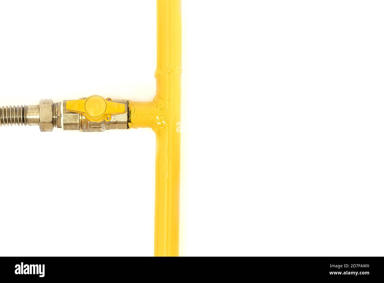 Yellow gas pipe with a valve. White background. Space for text Stock ...