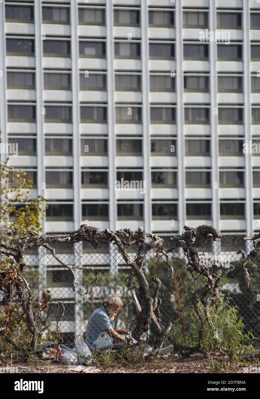 LOS ANGELES, UNITED STATES - Oct 08, 2020: A homeless man sits behind a ...