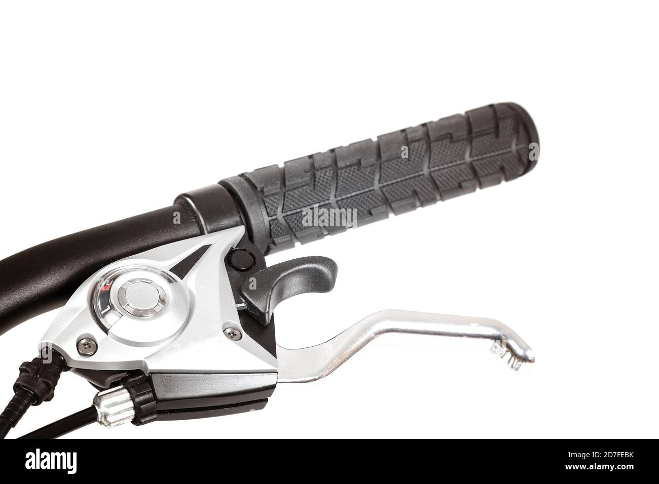 Fragment of a bicycle handlebar with brake lever and gear shift ...