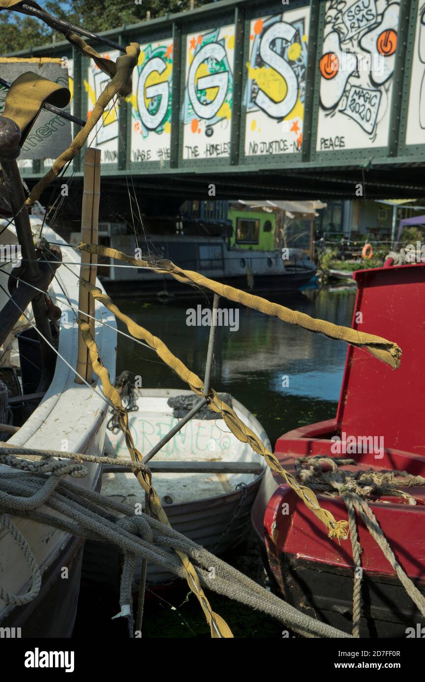 Narrow boats with solar panels on the water canal near Stratford by ...