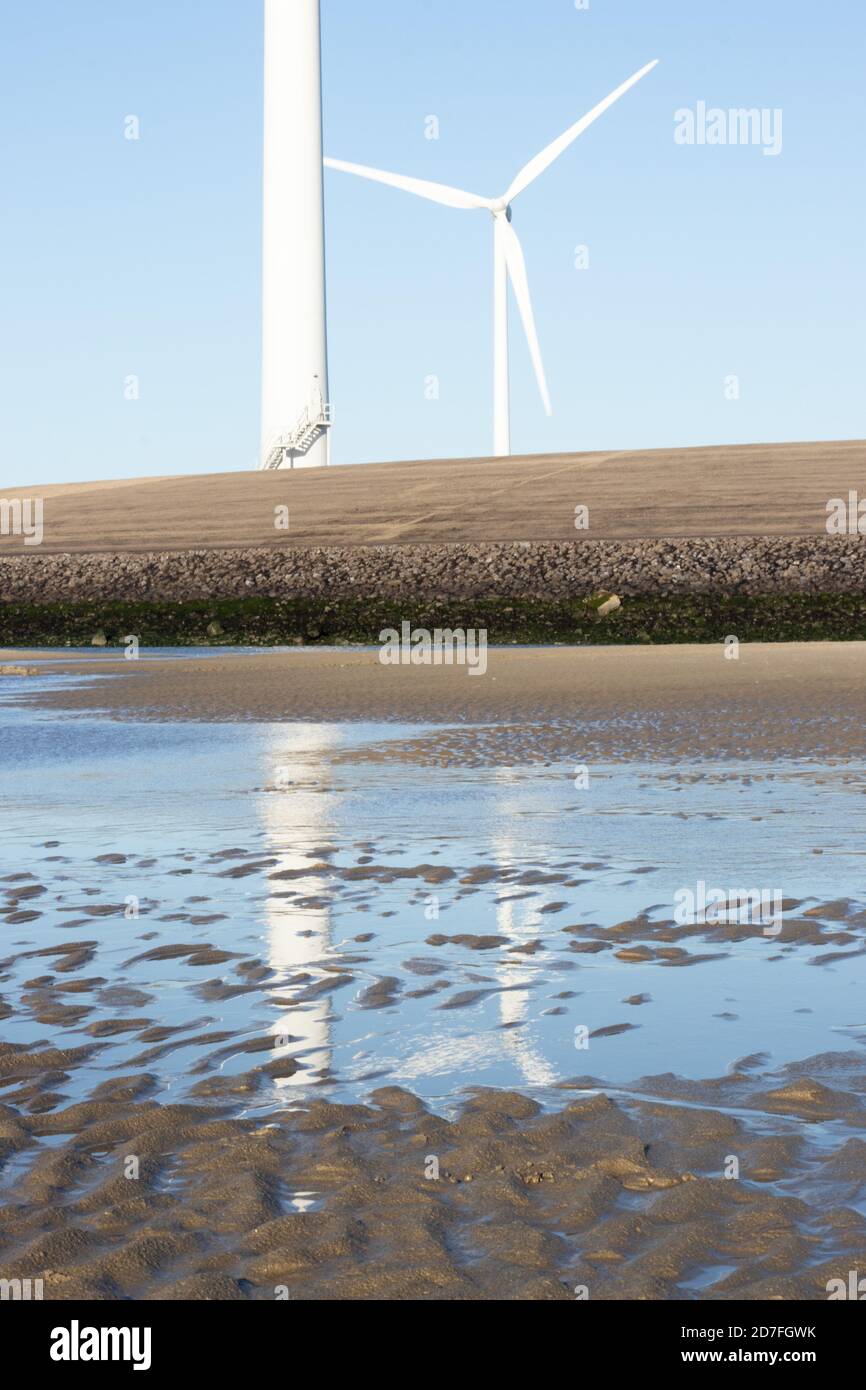 Windmill in the landscape, day with blue sky and no clouds, at the ...