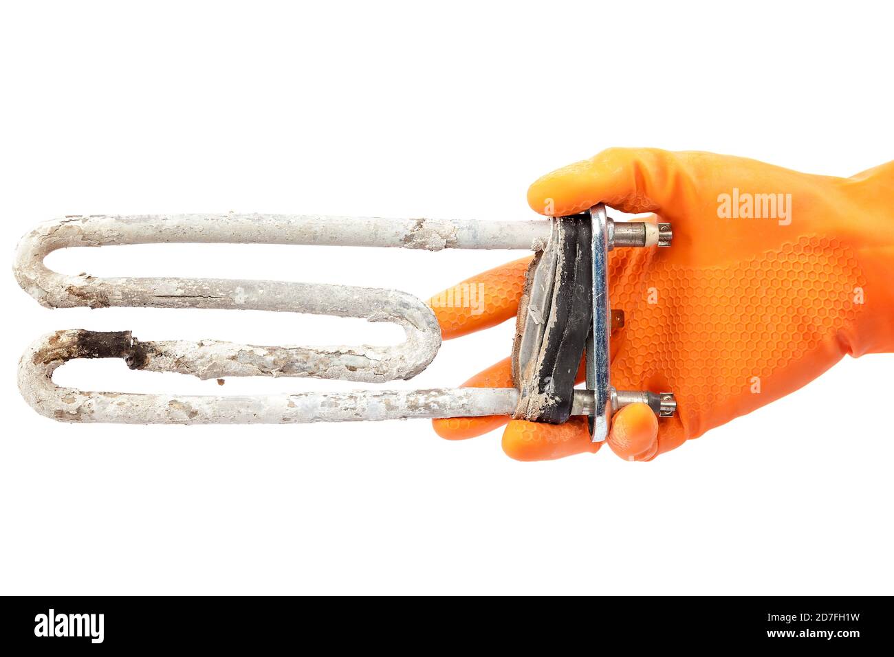 Damaged heating element of the washing machine in hand isolated on ...