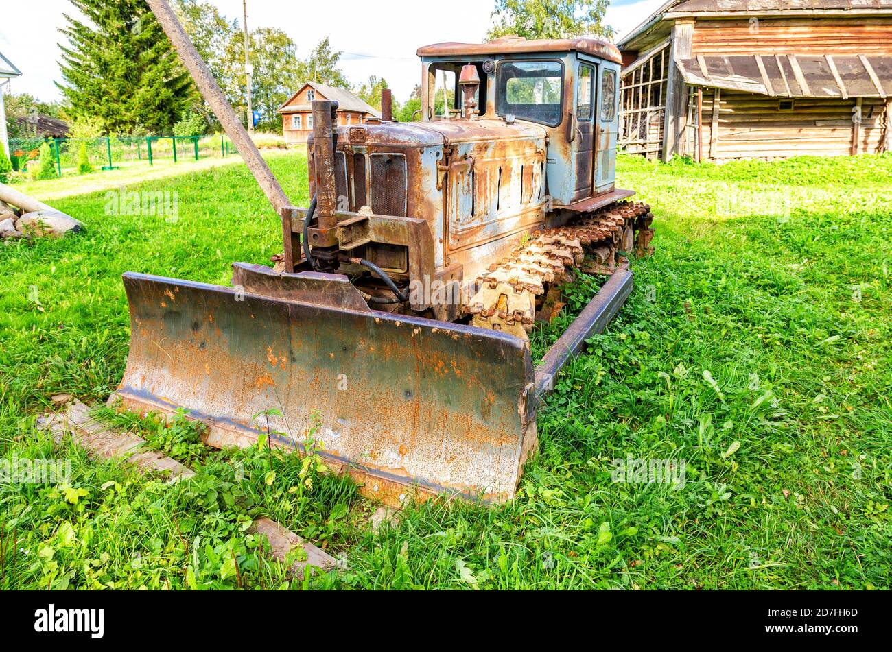 Borovichi, Russia - September 15, 2020: Old soviet arable tractor HTZ T ...