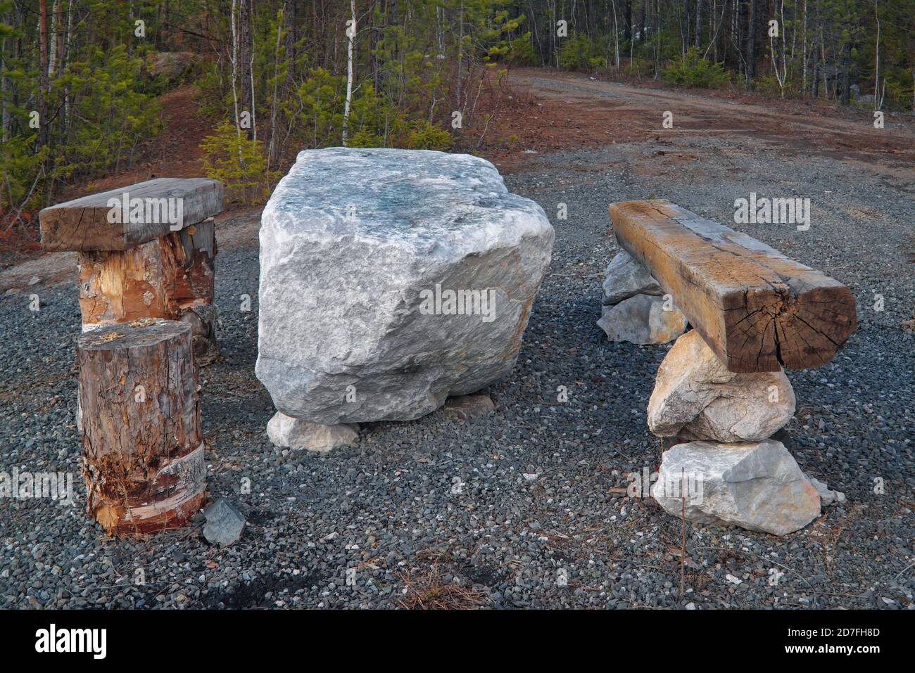 Outdoor Picnic table in rural wooded forest. Picnic table in the forest ...