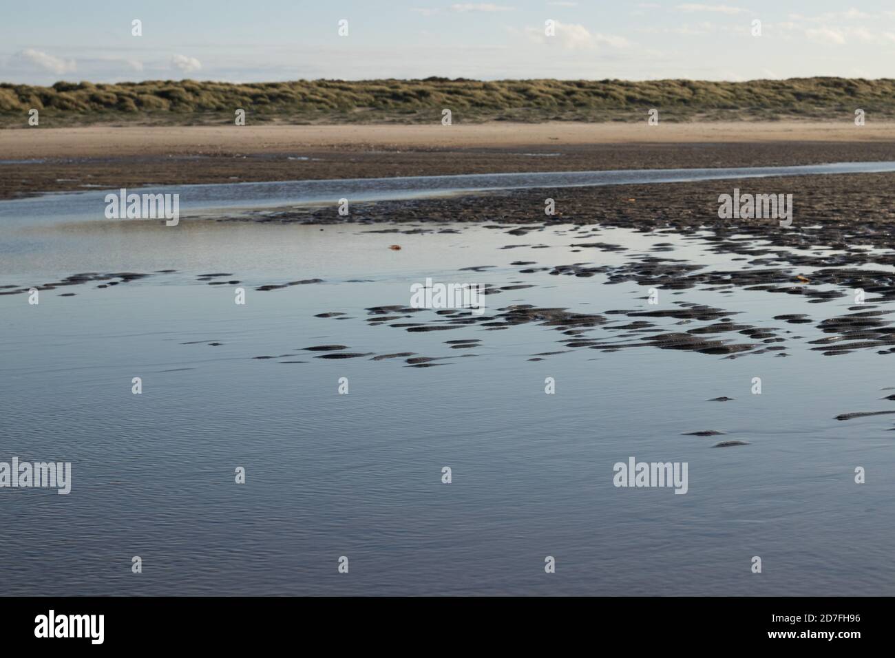 Textures made by water and wind on the sand at the beach, reflections ...