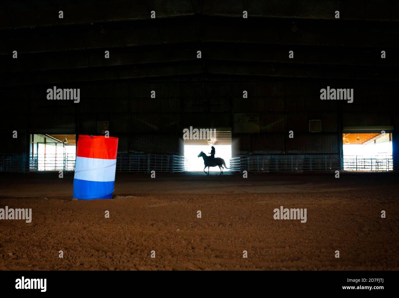 Woman on horseback Silhouette In Barrel Racing Arena Stock Photo - Alamy